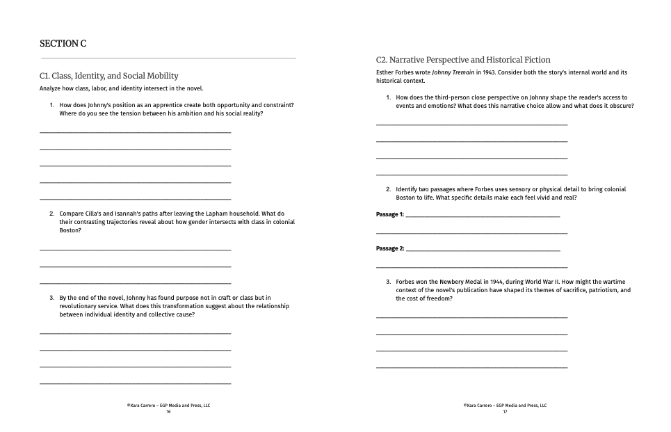 Johnny Tremain by Esther Forbes Full Novel Study: Comprehension ...